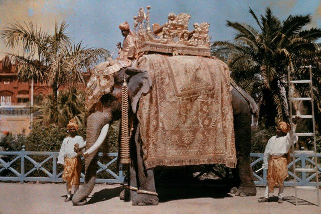 Men guard a Indian royal's elephant - 1929 - Old Indian Photos