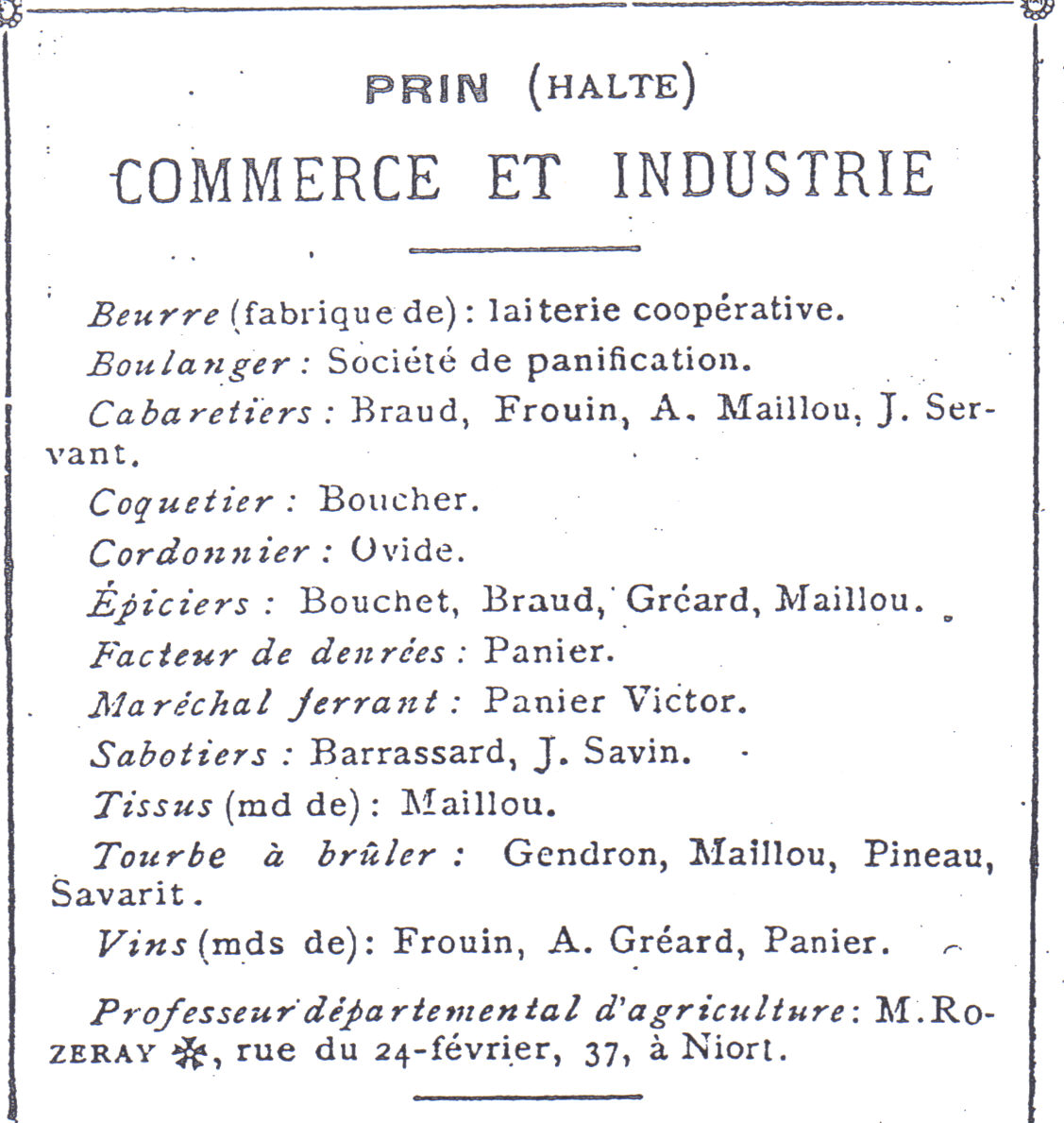 Histoire locale de Prin Deyrançon: Commerces de Prin