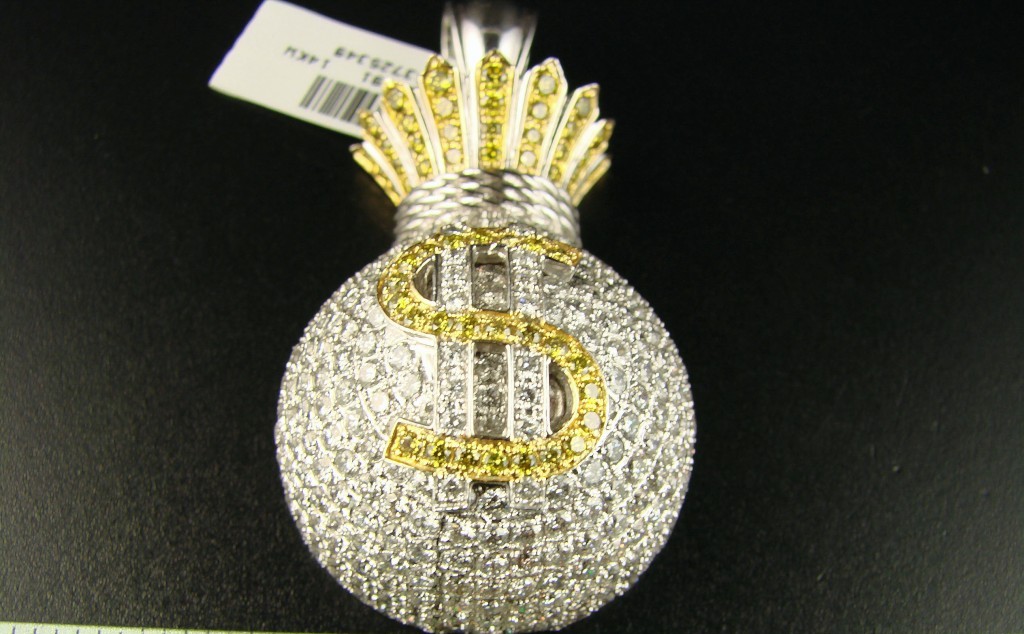 new_york_jewels: 14K MENS MONEY BAG CANARY LARGE DIAMOND PENDANT 14.0 CT