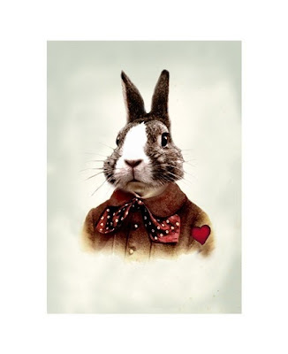 Animal Heads on Human Bodies: Rabbit heads on human bodies.