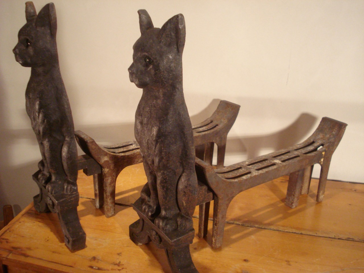 Halloweeniana: Antique Cast Iron Black Cat Andirons with Glass Eyes (Howes)