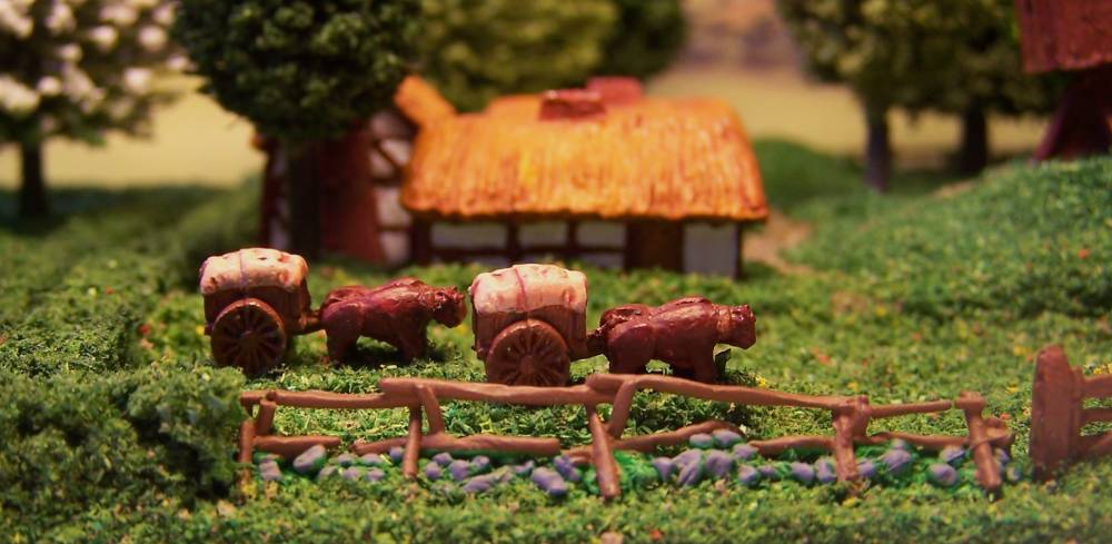 Warmaster: Irregular Miniatures - 6mm Two wheeled ox cart and oxen