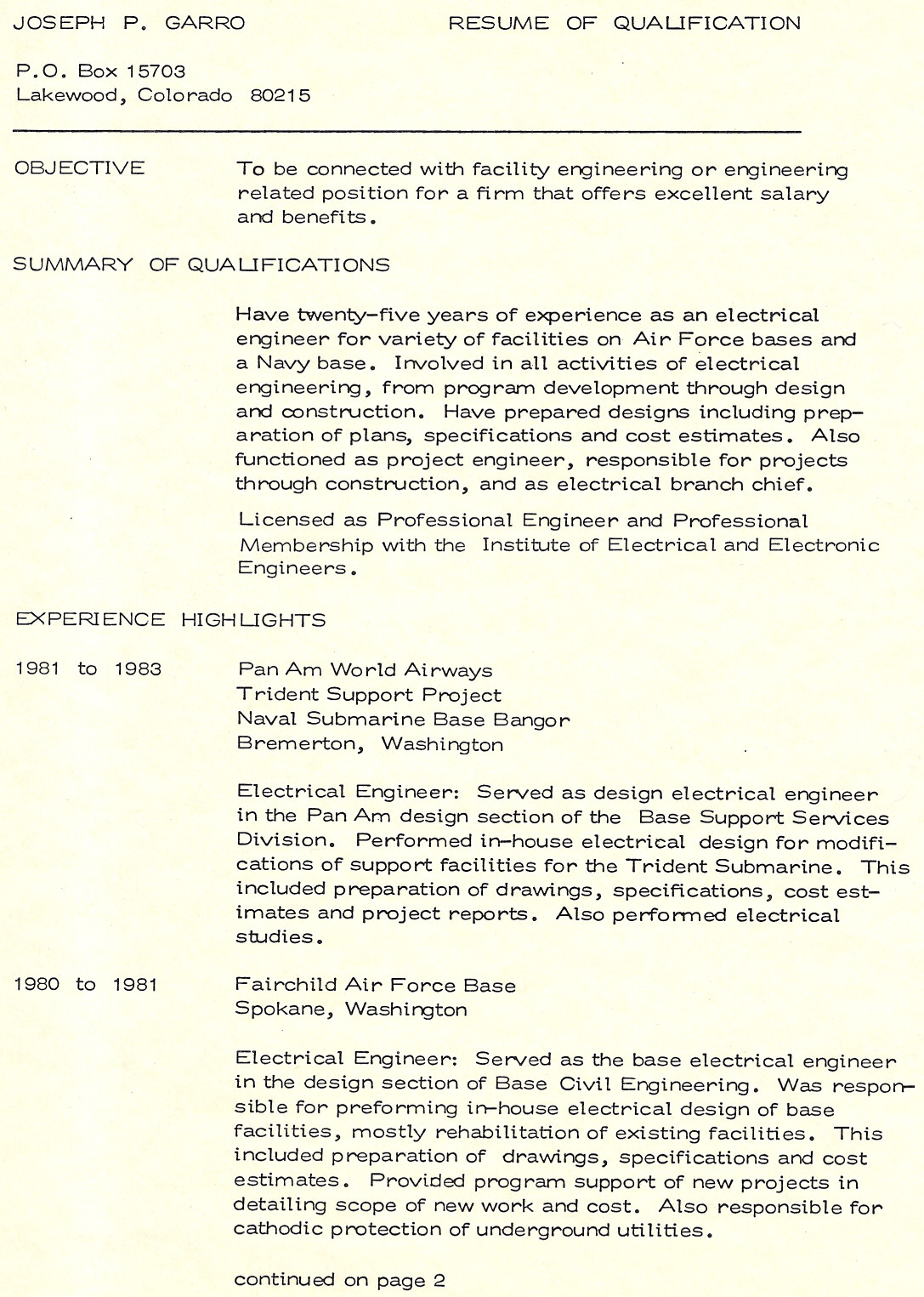 Garro Family: Joe Garro Resume'