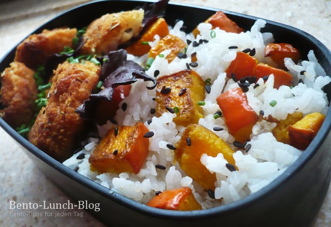 Bento Lunch Blog: Bento #74: Panierter Fisch mit Kürbis-Reis und Wagashi