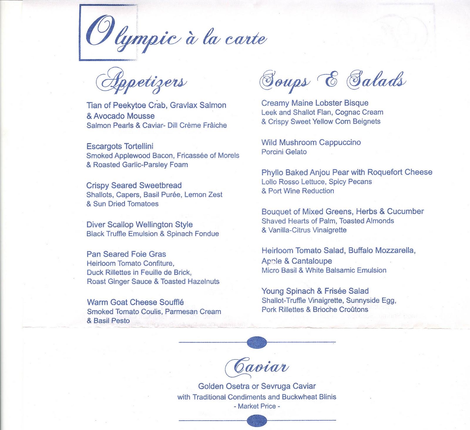 Cruise Ship Menus: Olympic Dining Room - Celebrity Millennium