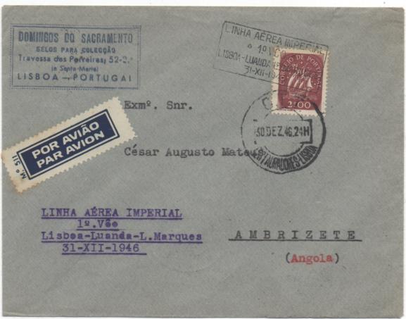ARQUIVO FRINGOSA: Lisboa -- > Ambrizete CORREIO AÉREO 31.12.1946
