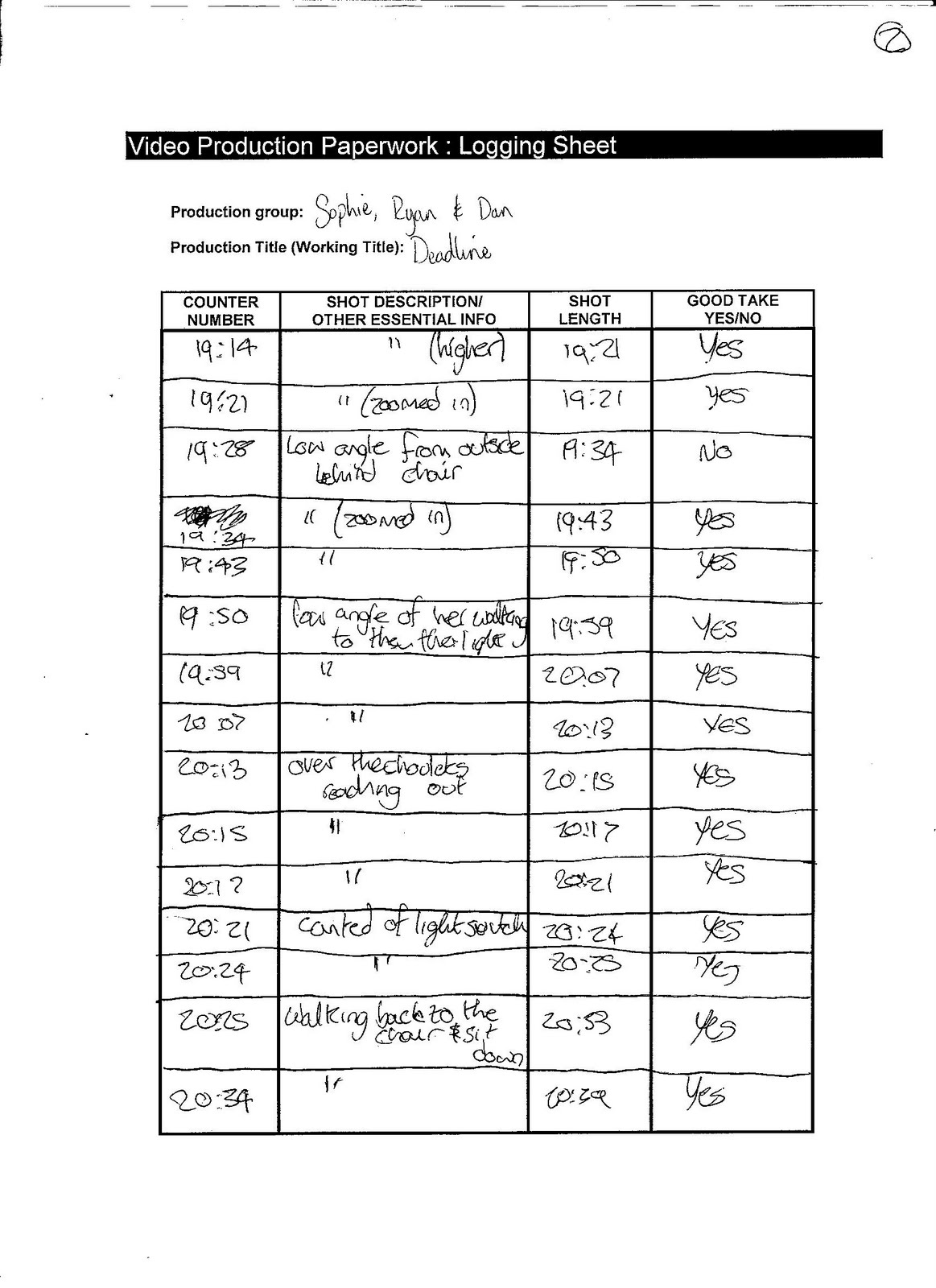 Media Coursework Blog: Section 10: Video Log Sheets