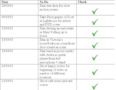 A2 project: Filming/Photography Timetable