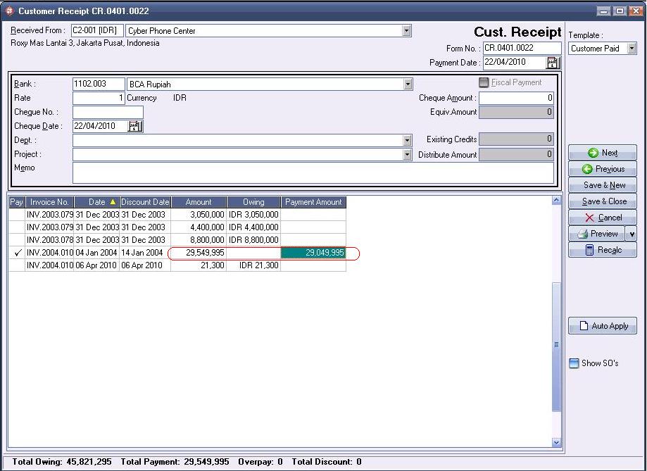 ACCURATE ACCOUNTING SOFTWARE: Customer Receipt Dengan Diskon