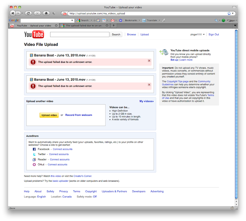 Never impressed.: YouTube says: The upload failed due to an unknown error.
