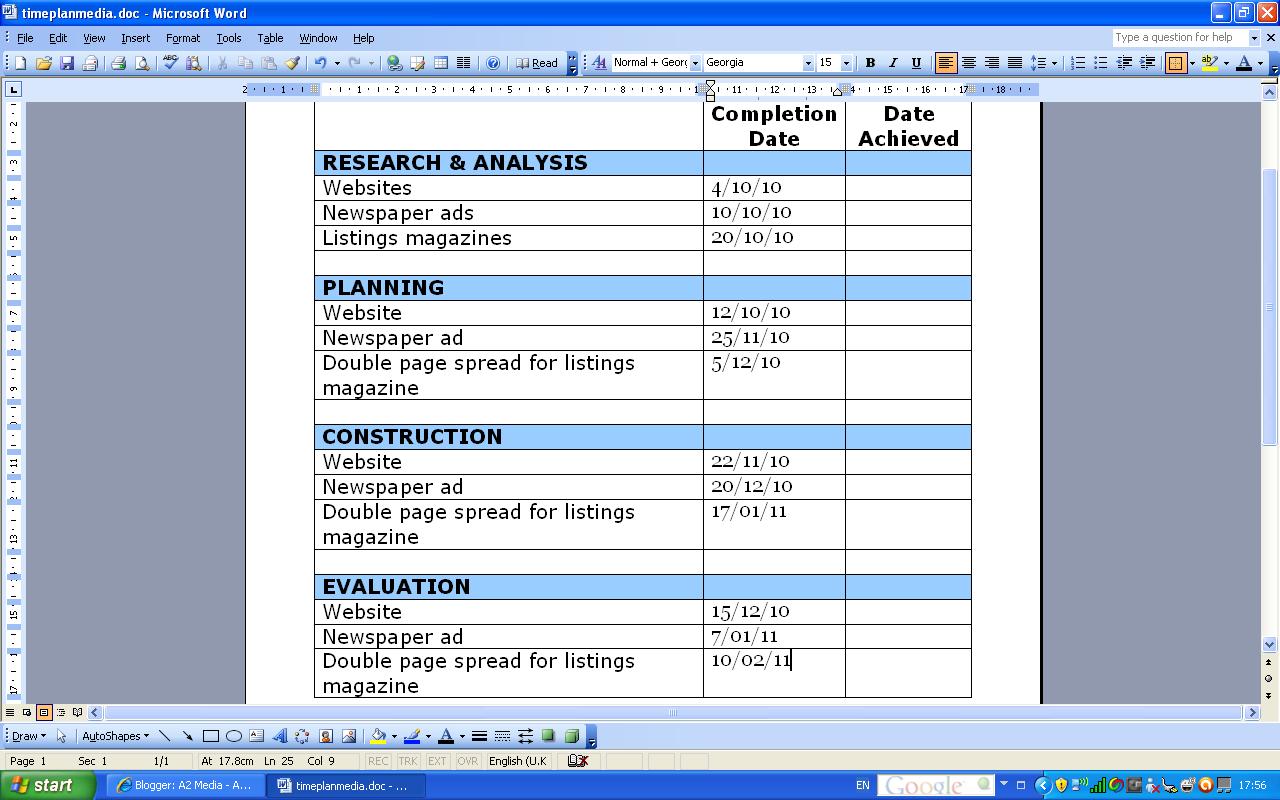 A2 Media - Advanced Portfolio: Planning - time plan