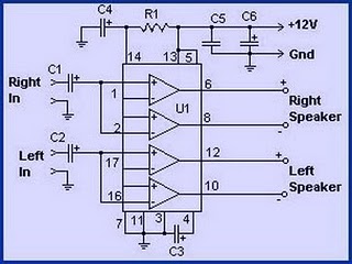 Skema audio power amplifier: Rangkaian TDA1554 Audio Amplifier 2 x 22W BTL