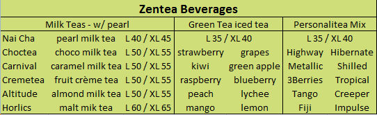 Zentea Menu | iSoda Philippines