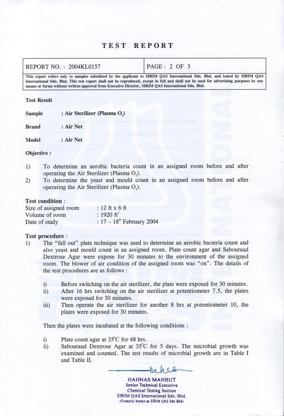 Airnet® 2000 Air Steriliser: Test Report from SIRIM QAS