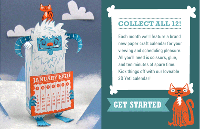 A yeti paper craft calendar for January 2011 | How About Orange