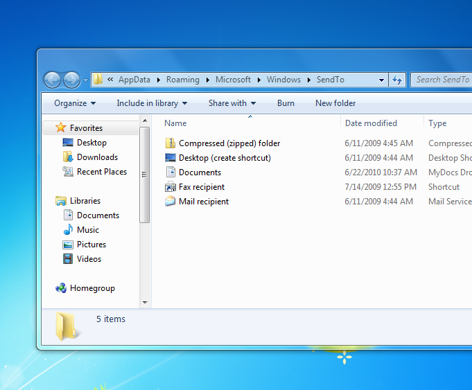 How to access the "send to" menu folder in windows 7