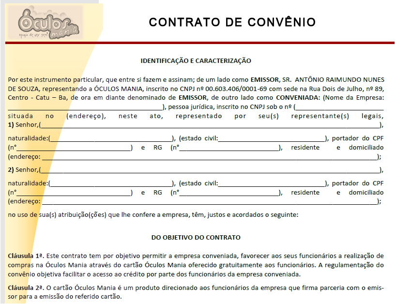 ÓCULOS MANIA: CONTRATO DE CONVÊNIO