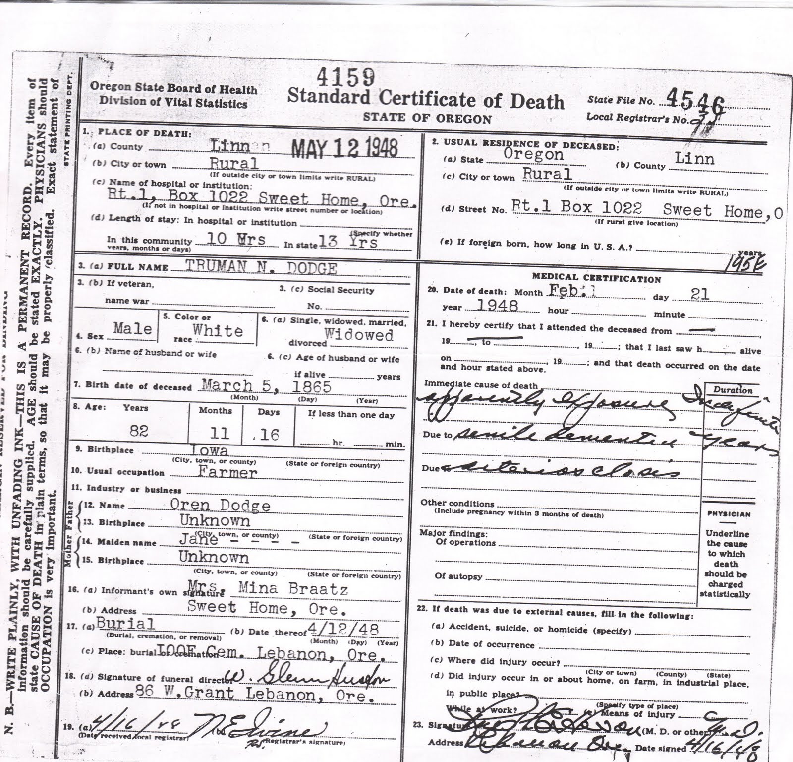 Chris' Family History Research Log: Truman Dodge Death Certificate