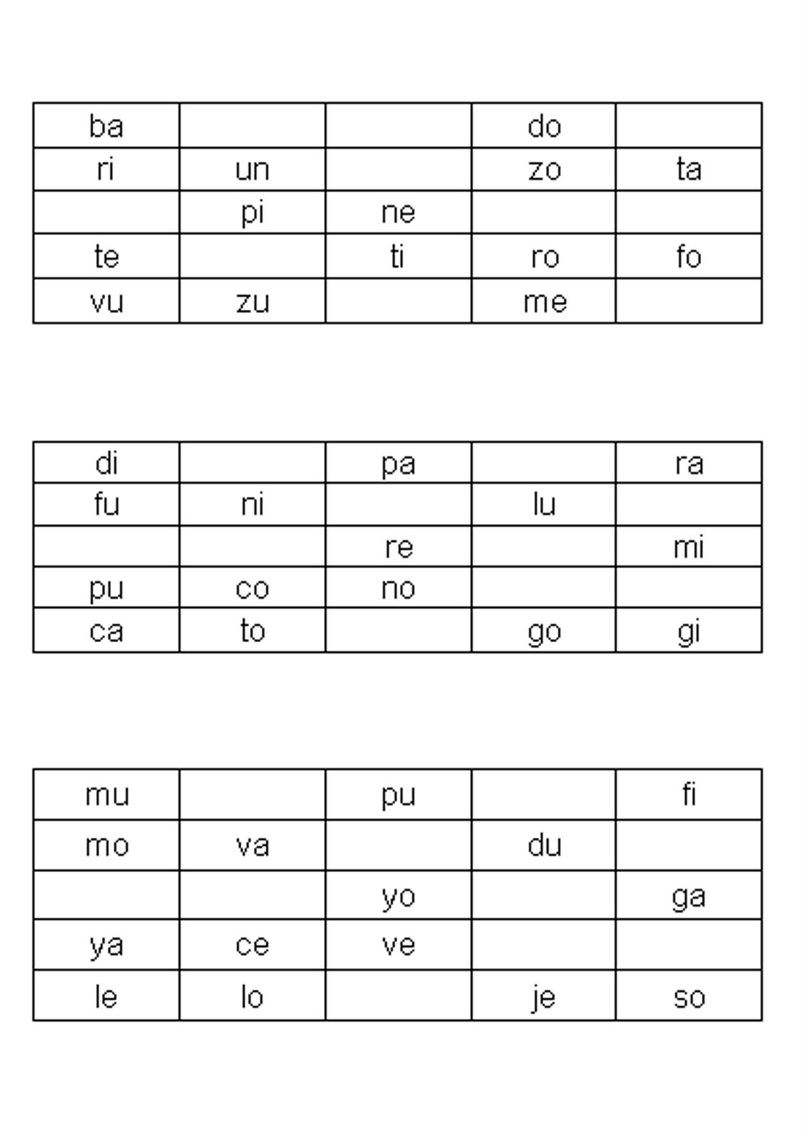 BREAL-Dislexia: Bingo de sílabas directas en letra de imprenta
