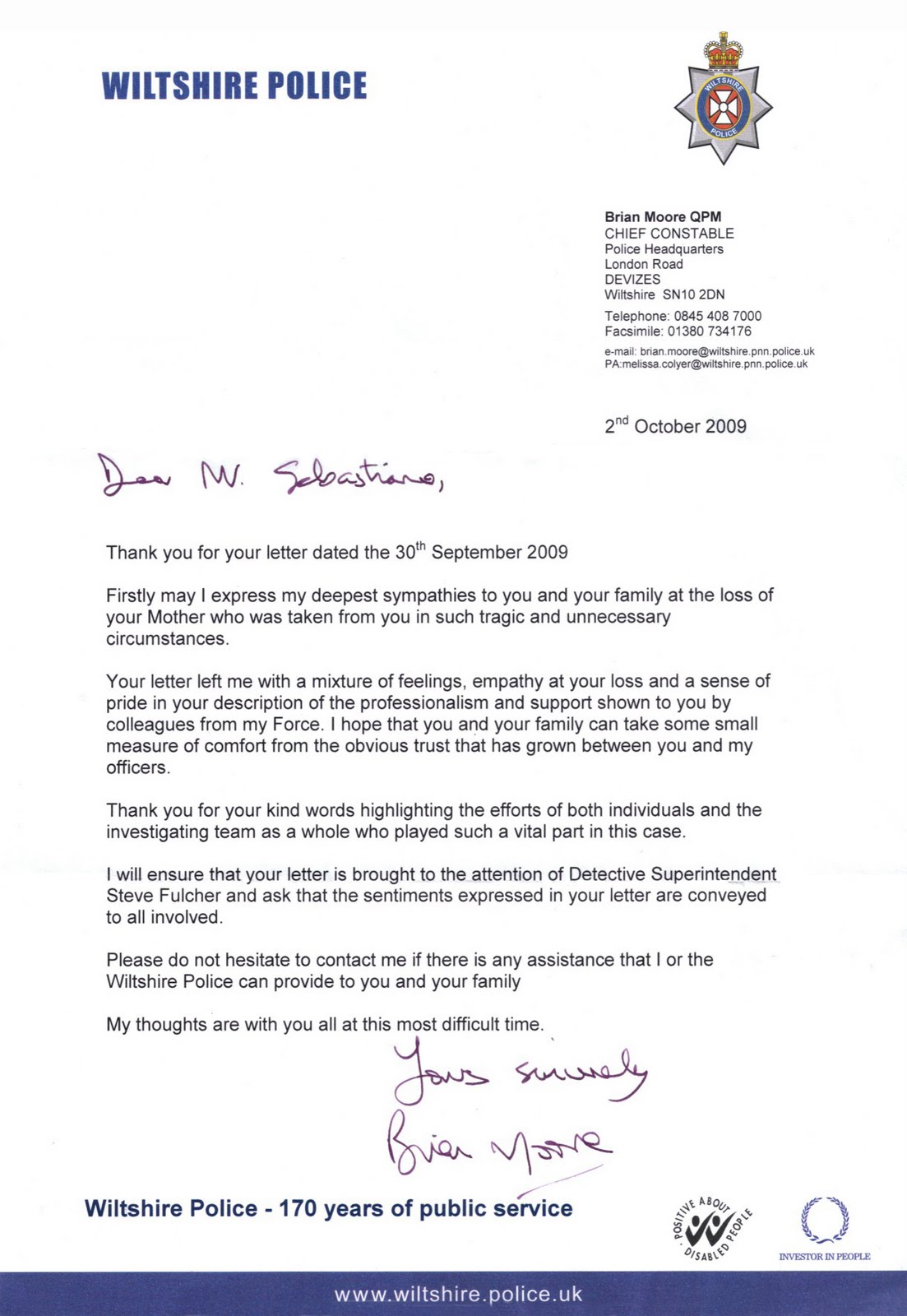 Justice Denied: Letter to Wiltshire Police