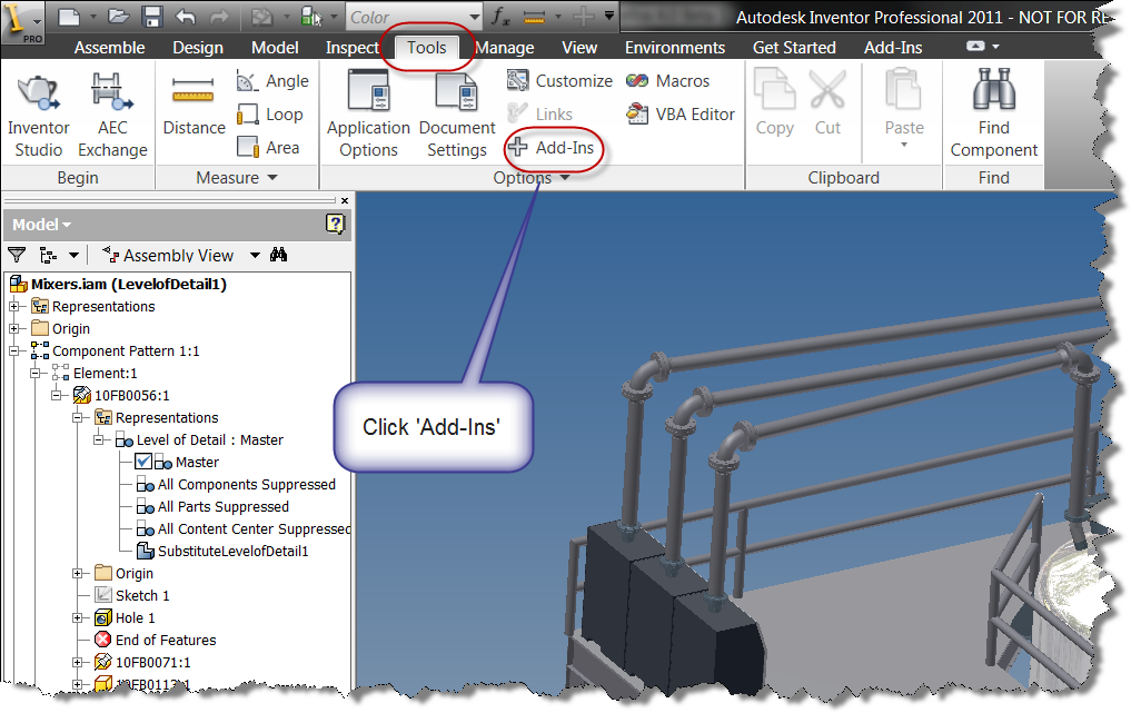 Choose the Tools Ribbon, and click Add-Ins