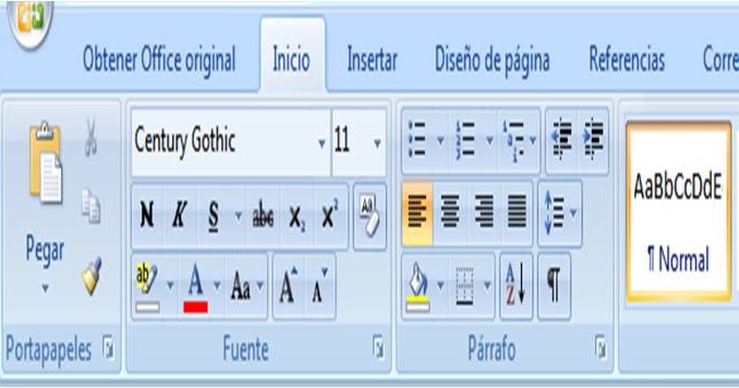 Menú Inicio de Word 2007