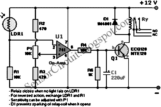 Sensor Schematic: LM741 Light Dark Sensor Circuit
